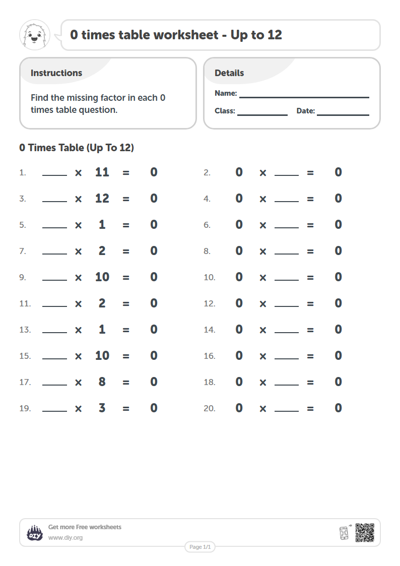 Free 0 times table Worksheets - Up to 12