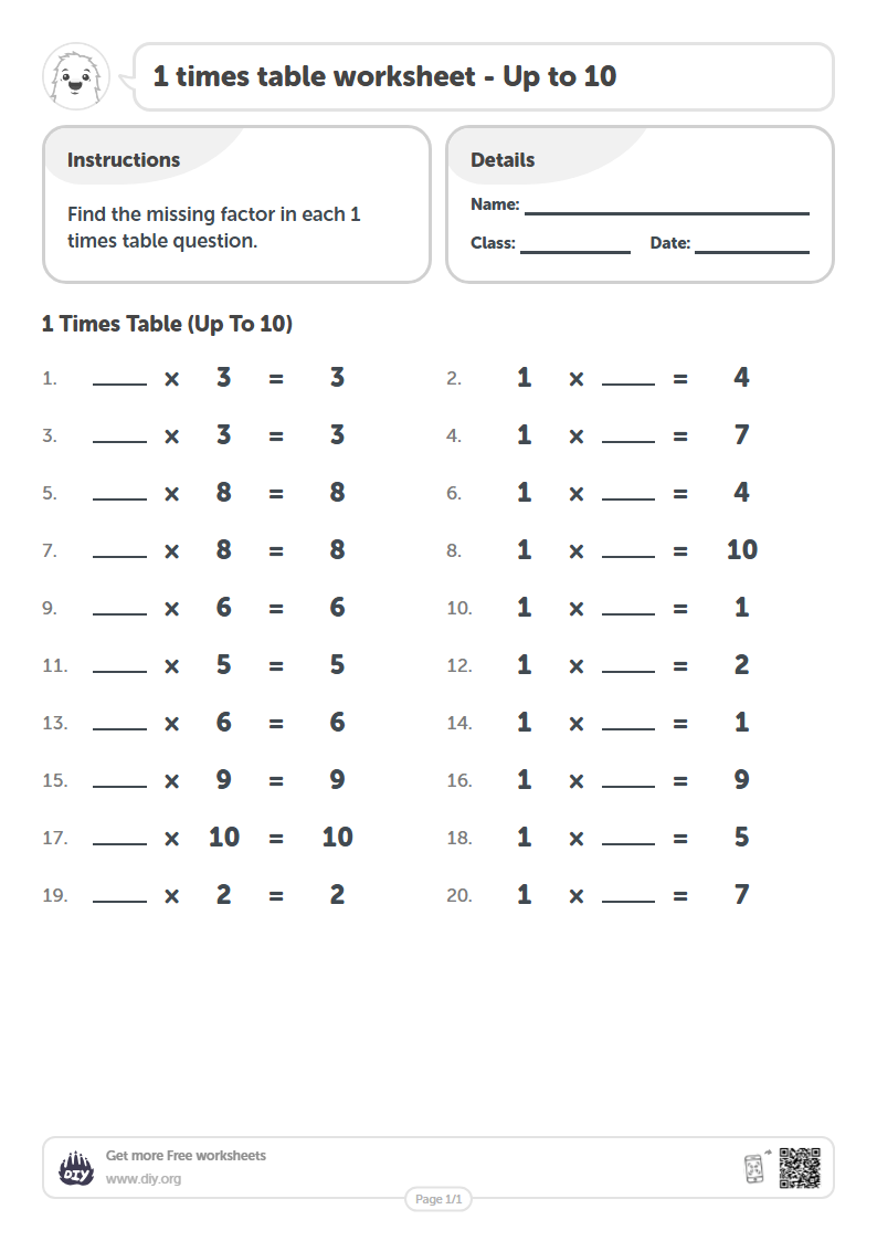 Free 1 times table Worksheets - Up to 10
