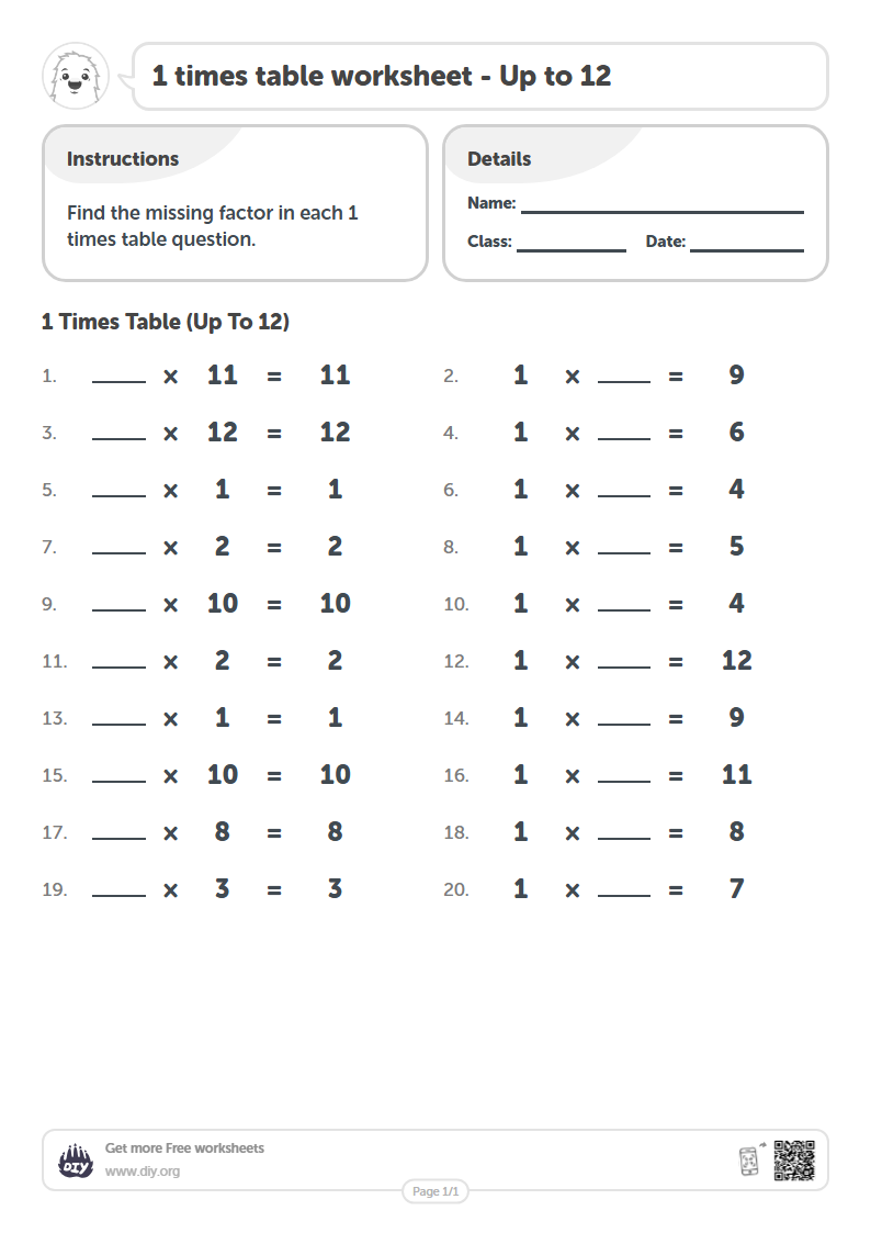 Free 1 times table Worksheets - Up to 12