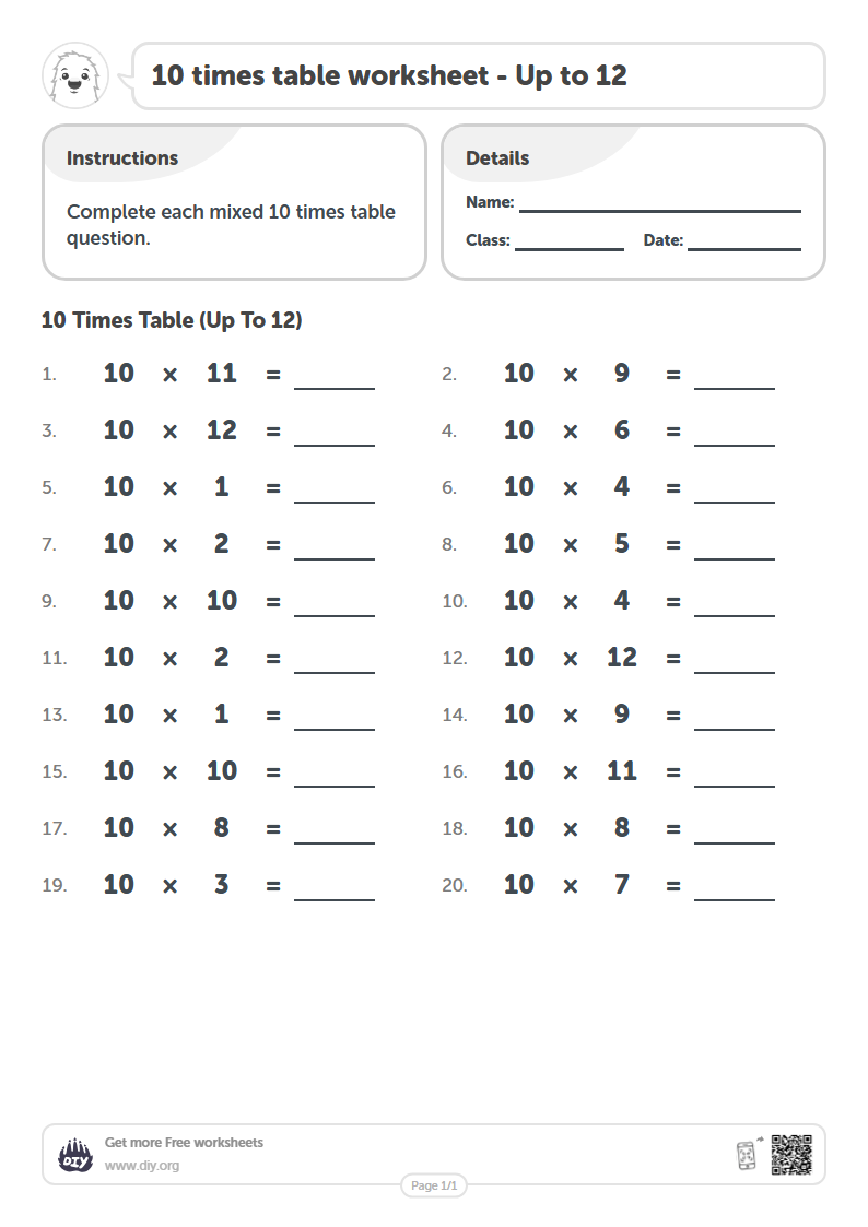 Free 10 times table Worksheets - Up to 12