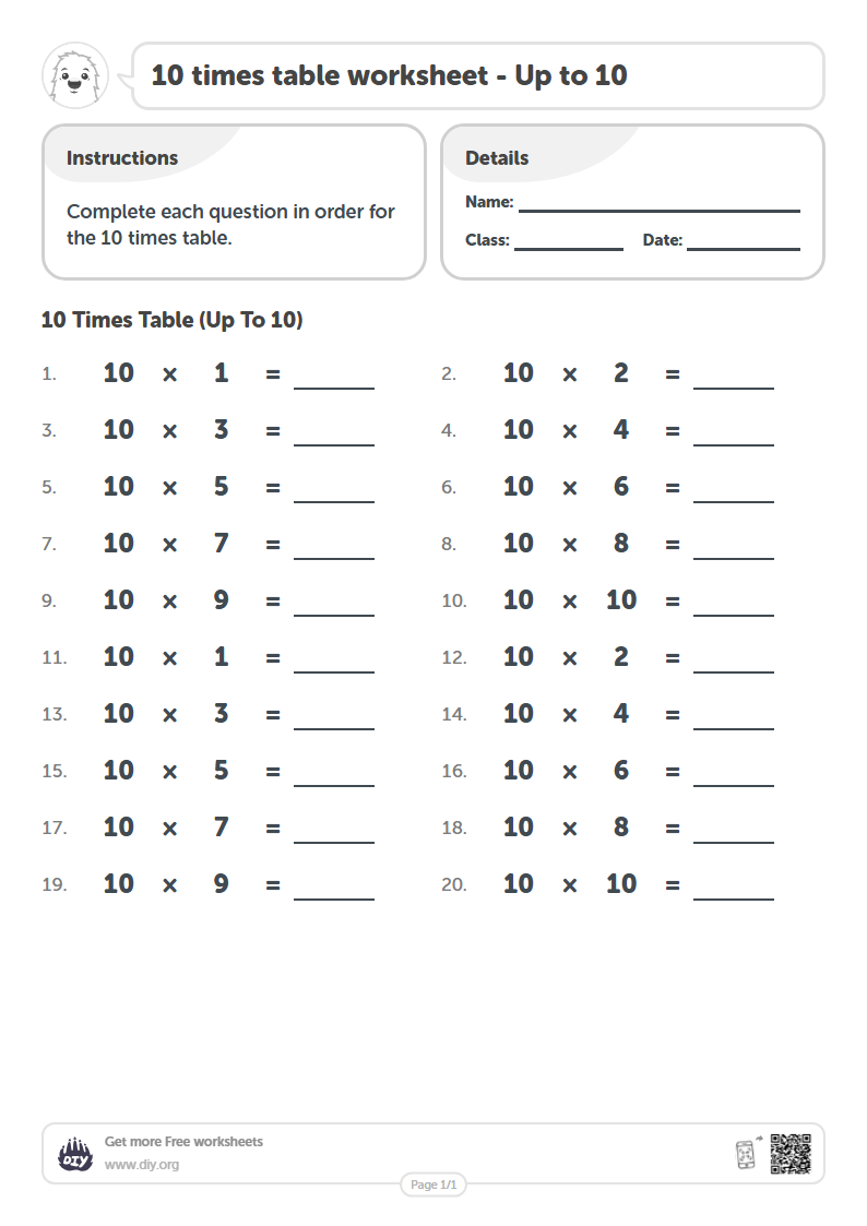 Free 10 times table Worksheets - Up to 10