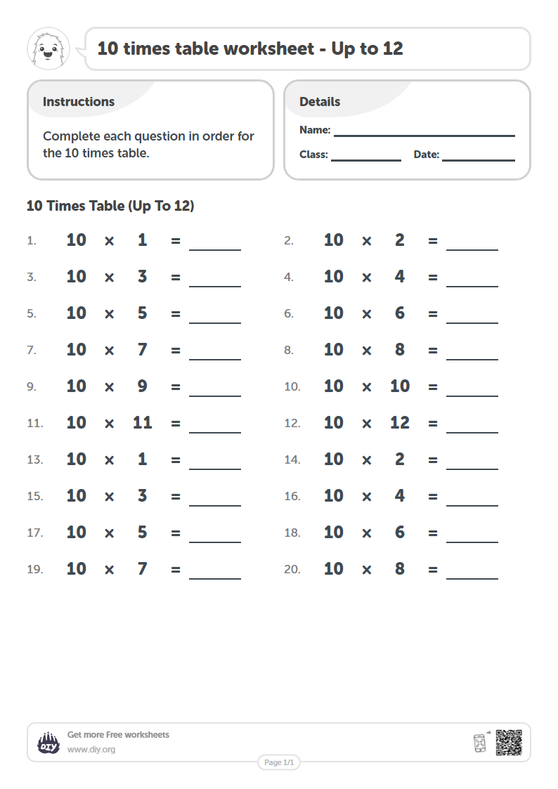 Free 10 times table Worksheets - Up to 12