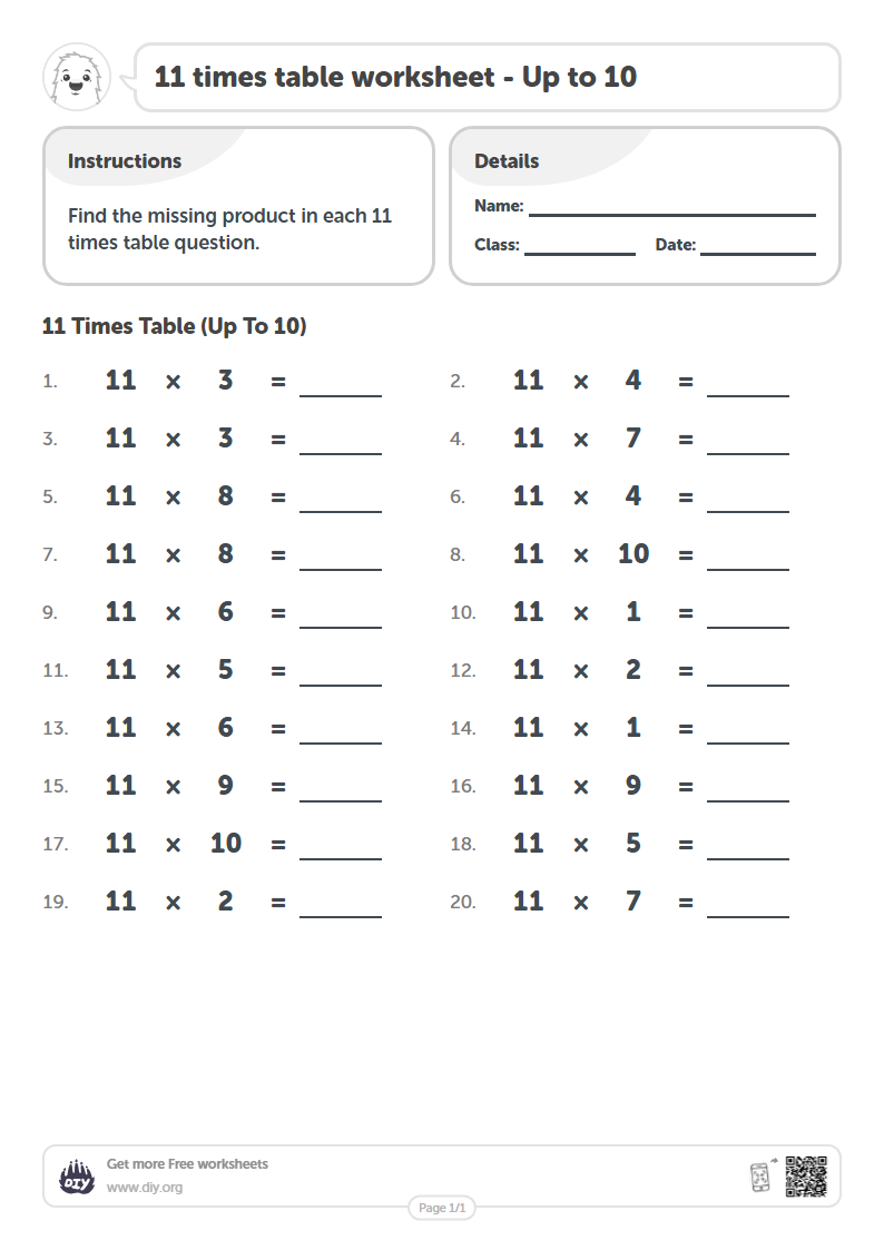 Free 11 times table Worksheets - Up to 10