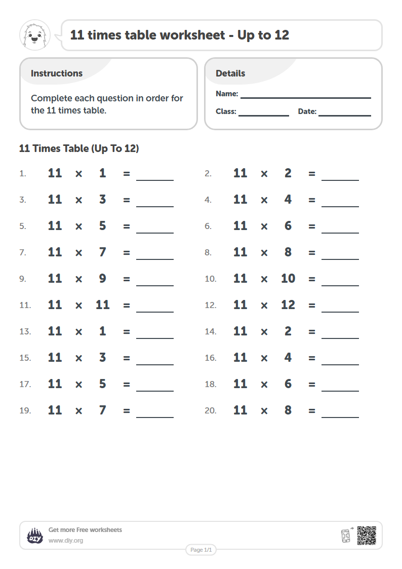 Free 11 times table Worksheets - Up to 12