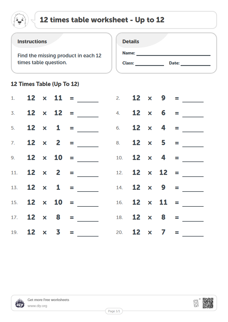 Free 12 times table Worksheets - Up to 12
