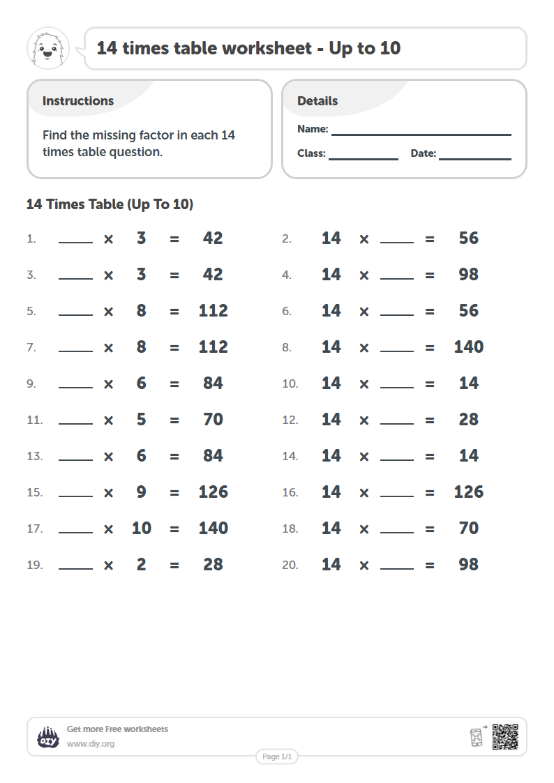 Free 14 times table Worksheets - Up to 10