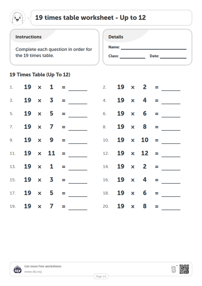 Free 19 times table Worksheets - Up to 12