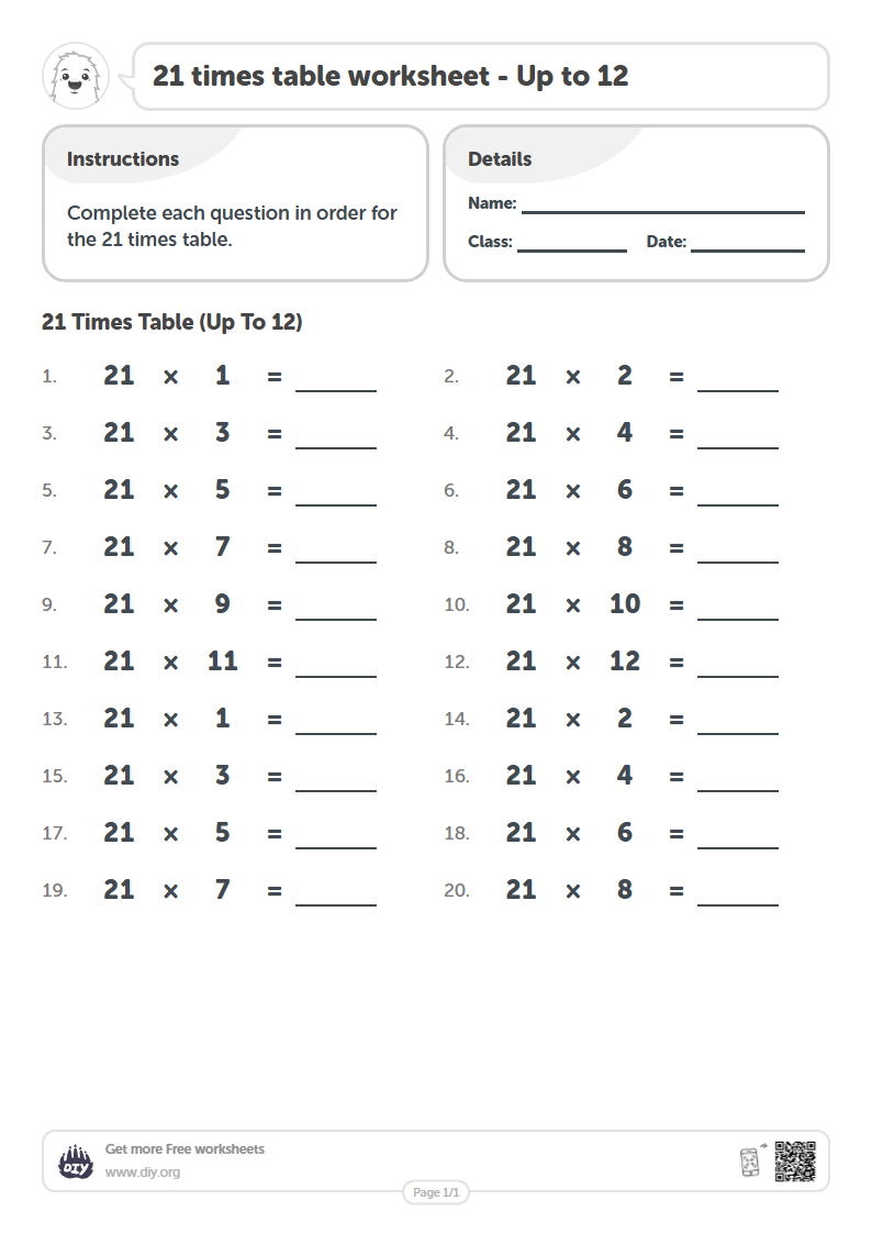 Free 21 times table Worksheets - Up to 12