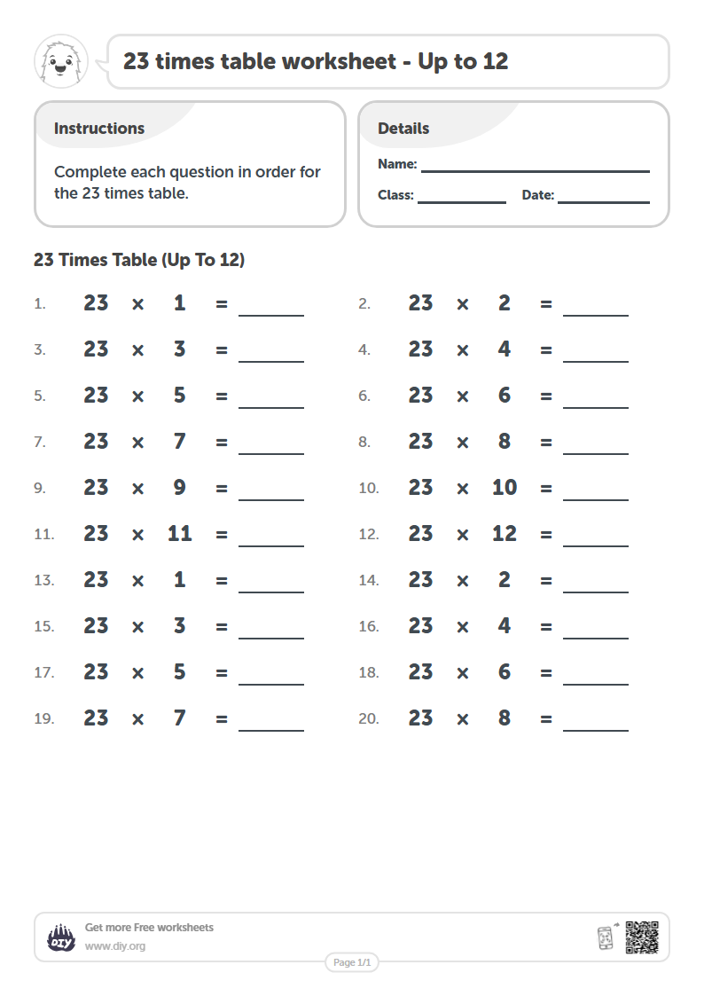 Free 23 times table Worksheets - Up to 12