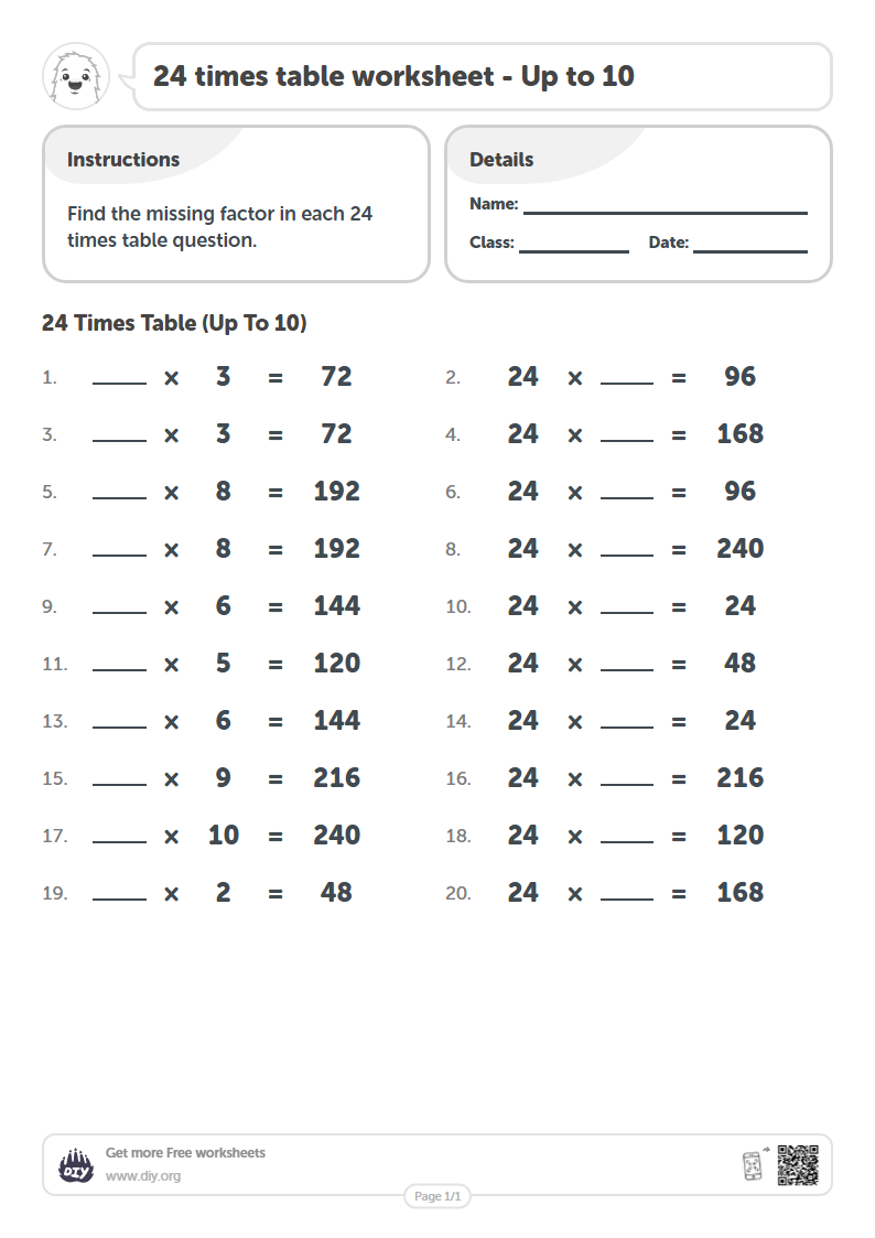 Free 24 times table Worksheets - Up to 10