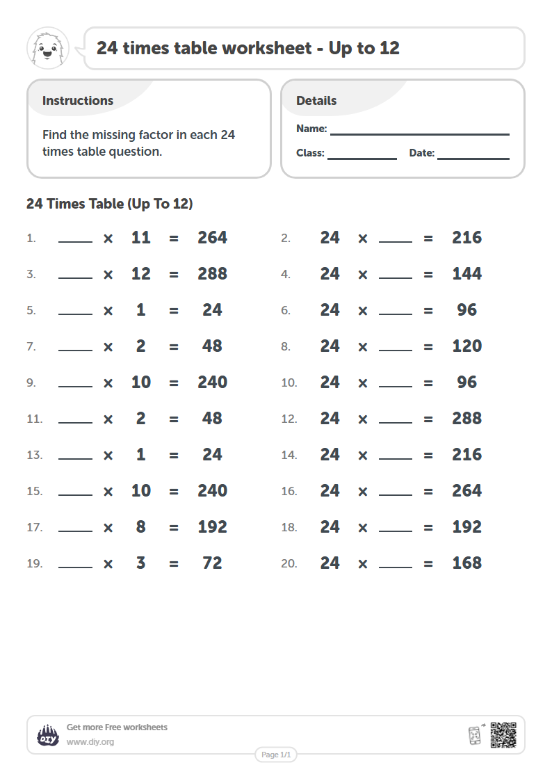 Free 24 times table Worksheets - Up to 12