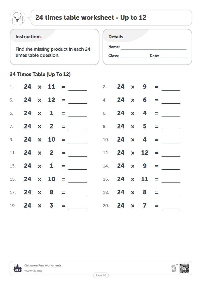 Free 24 times table Worksheets - Up to 12