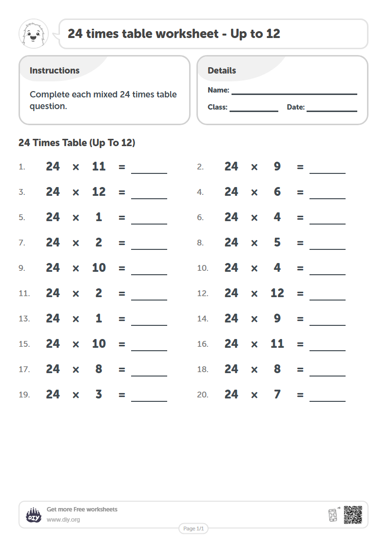 Free 24 times table Worksheets - Up to 12