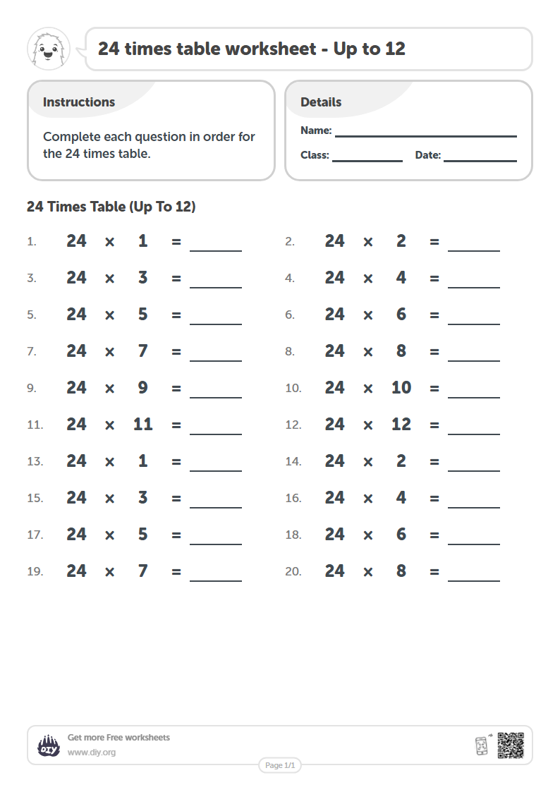 Free 24 times table Worksheets - Up to 12