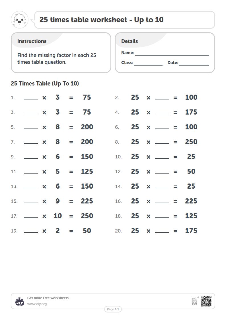 Free 25 times table Worksheets - Up to 10
