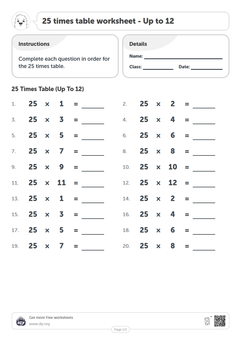 Free 25 times table Worksheets - Up to 12