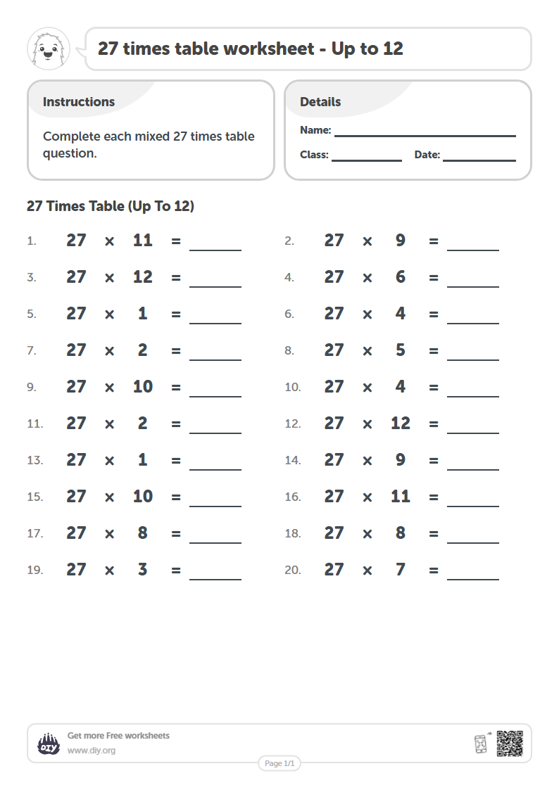 Free 27 times table Worksheets - Up to 12