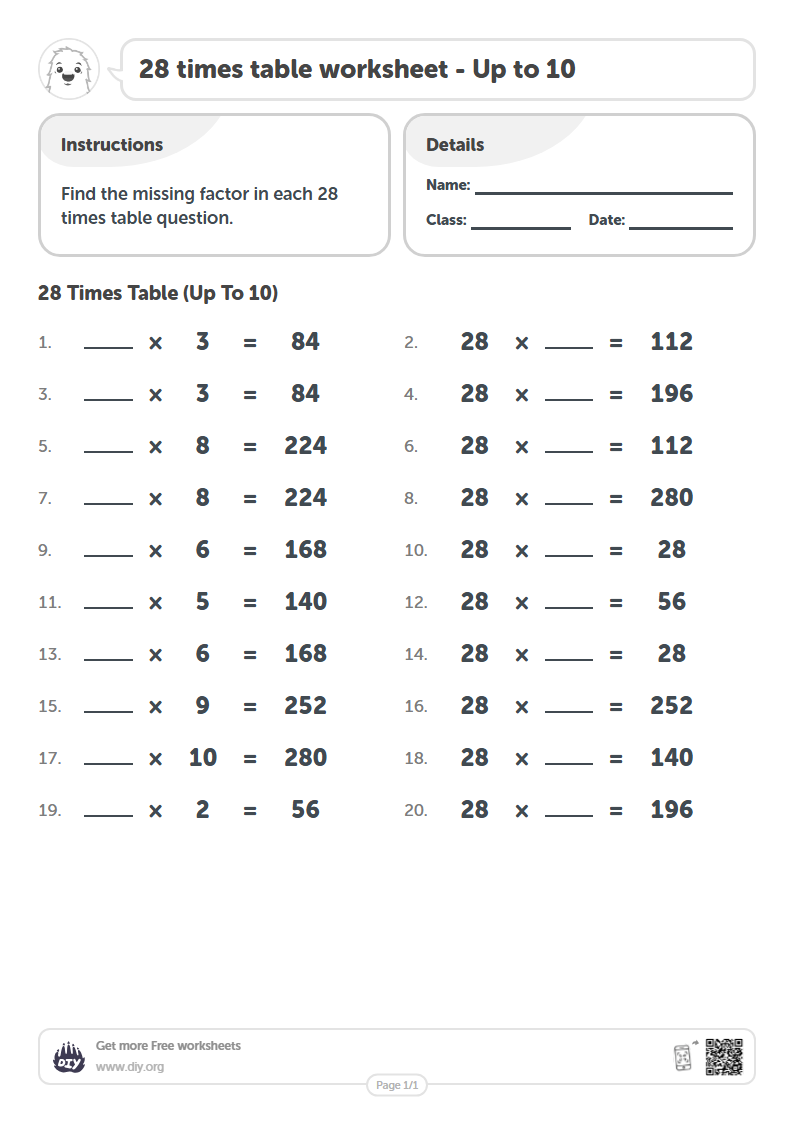 Free 28 times table Worksheets - Up to 10