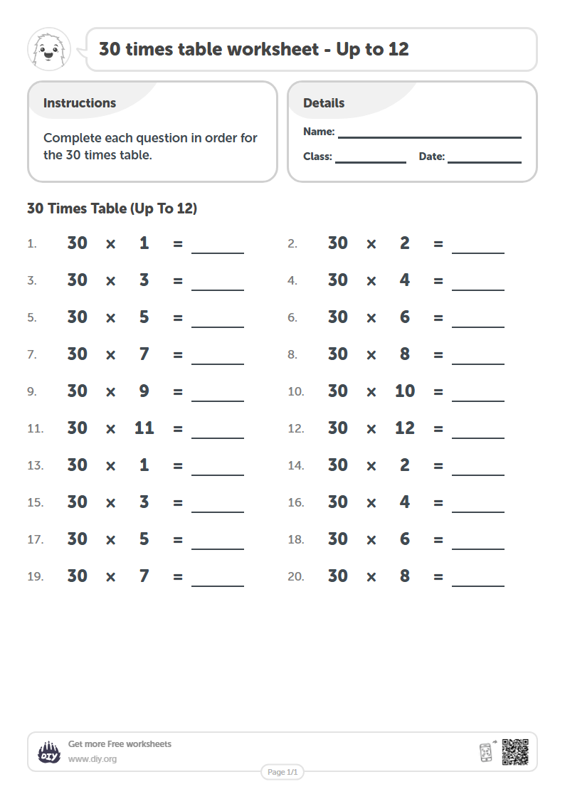 Free 30 times table Worksheets - Up to 12