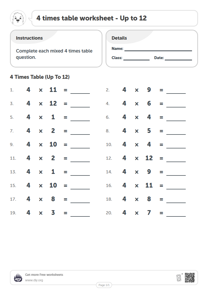 Free 4 times table Worksheets - Up to 12