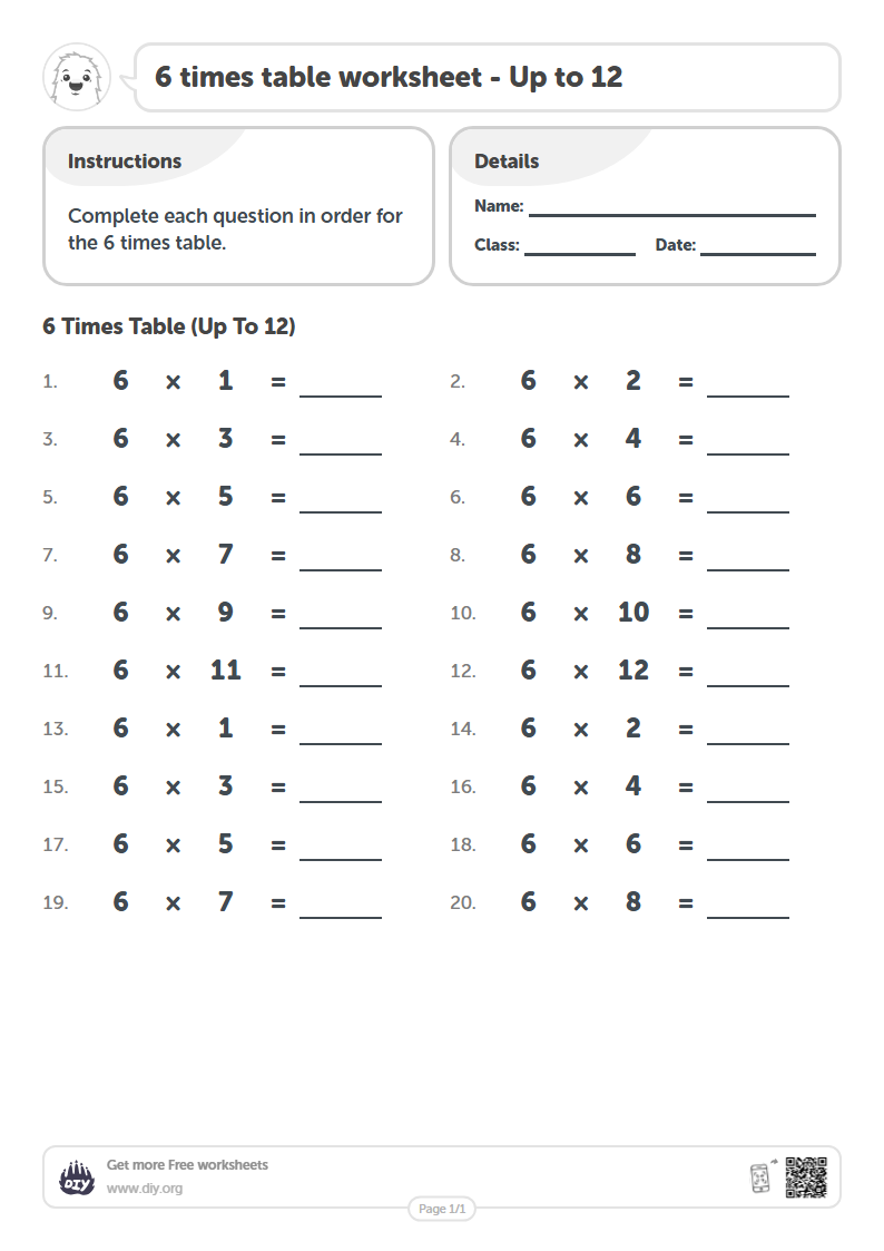 Free 6 times table Worksheets - Up to 12