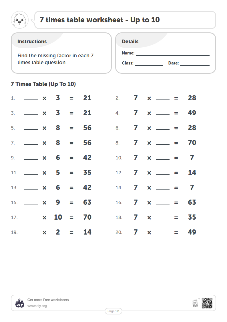 Free 7 times table Worksheets - Up to 10