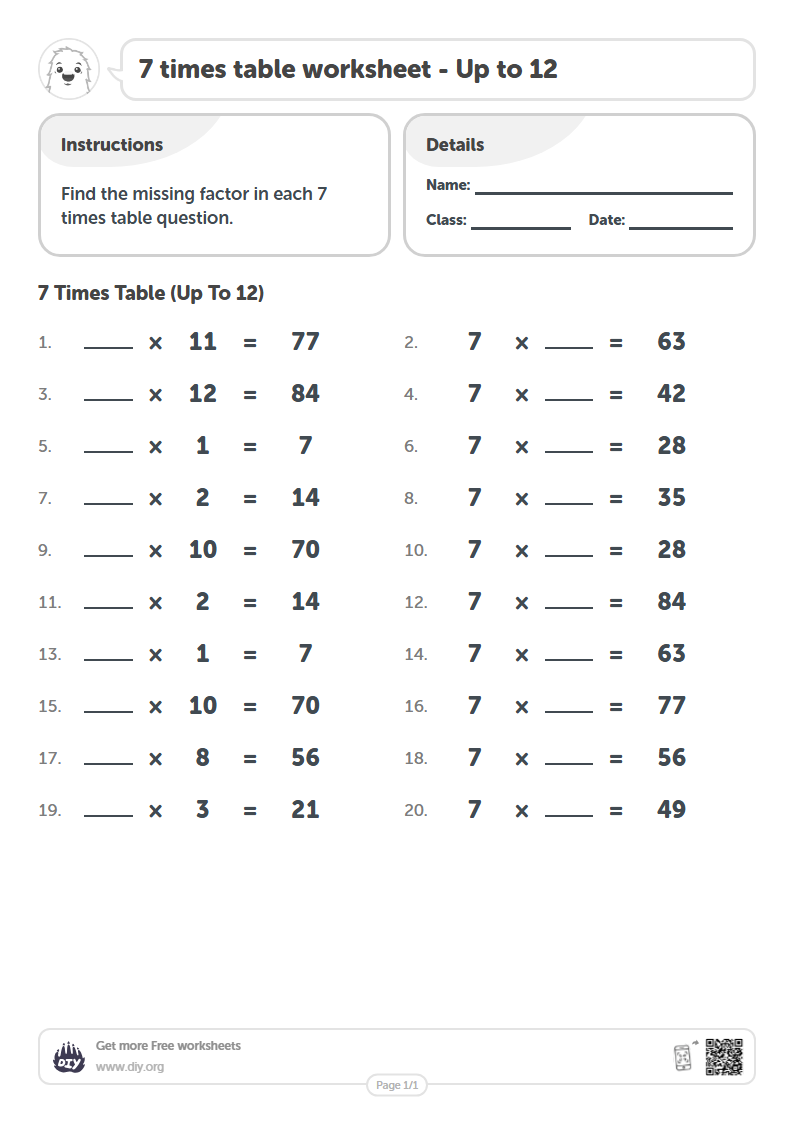 Free 7 times table Worksheets - Up to 12