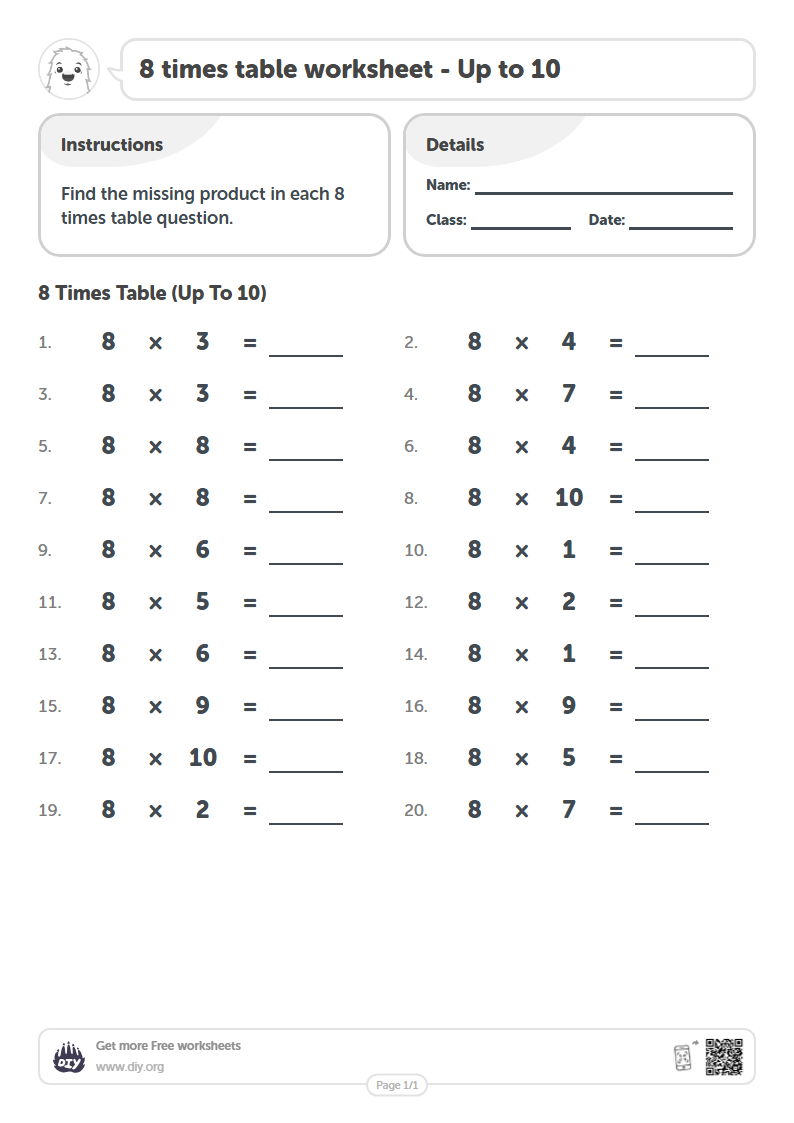 Free 8 times table Worksheets - Up to 10