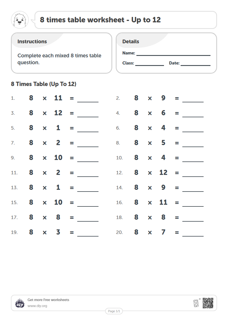 Free 8 times table Worksheets - Up to 12