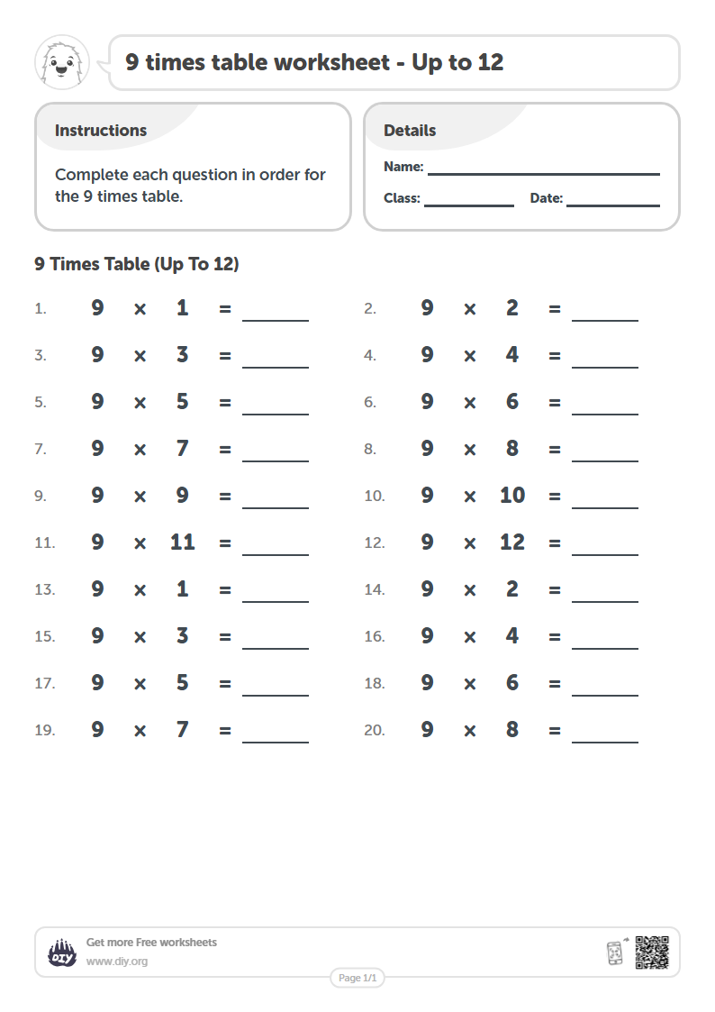 Free 9 times table Worksheets - Up to 12
