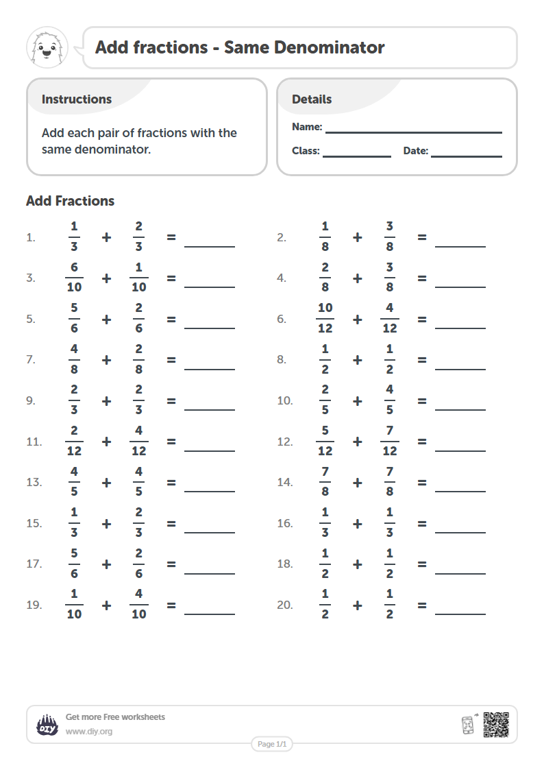 Free Add fractions - Same Denominator Worksheets