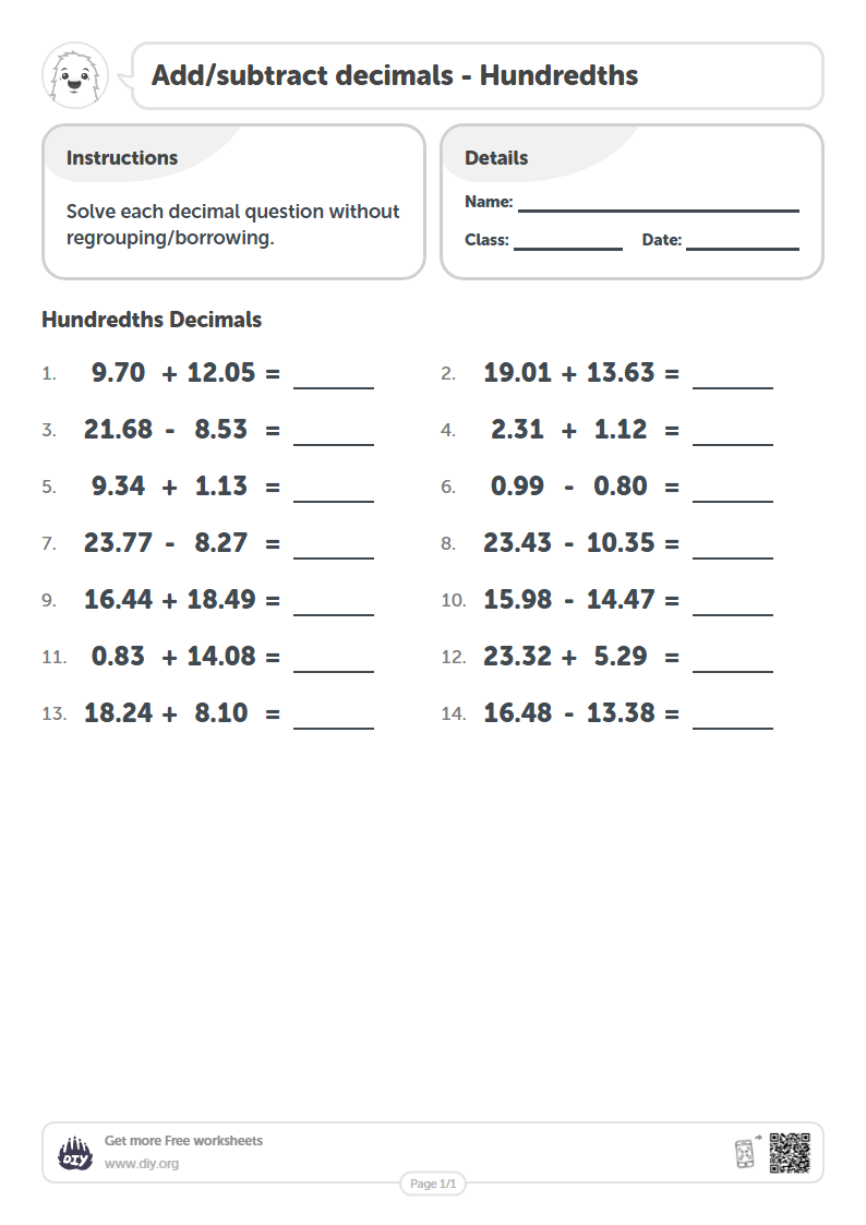 Free Add/subtract decimals - Hundredths Worksheets