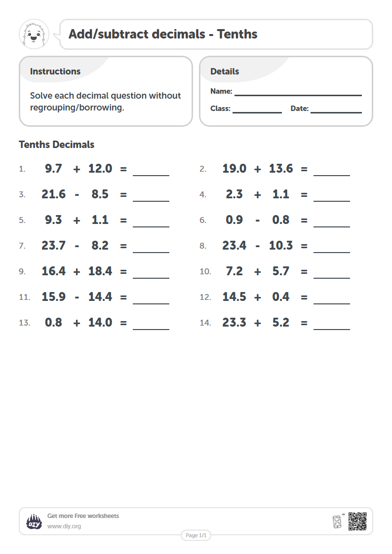 Free Add/subtract decimals - Tenths Worksheets