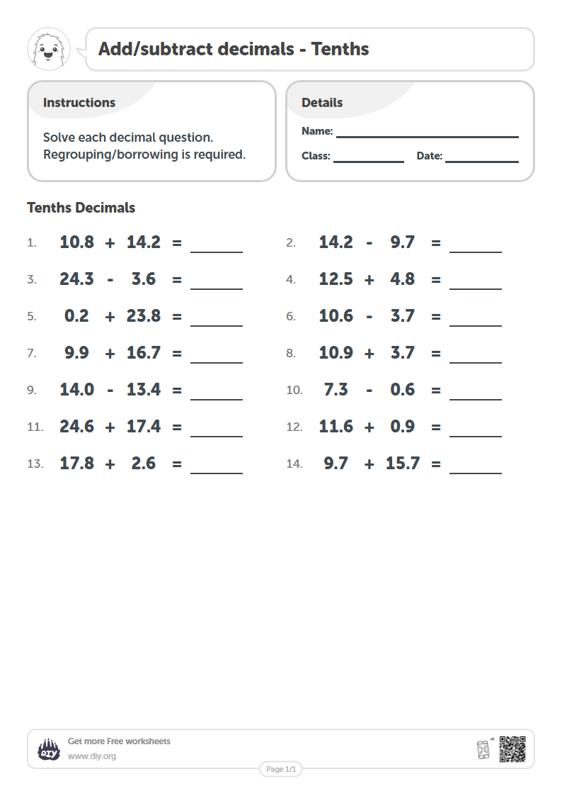 Free Add/subtract decimals - Tenths Worksheets