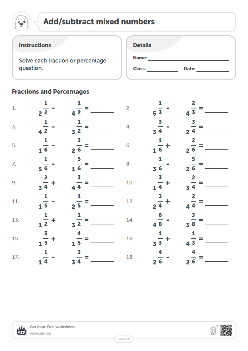 Free Add/subtract mixed numbers Worksheets