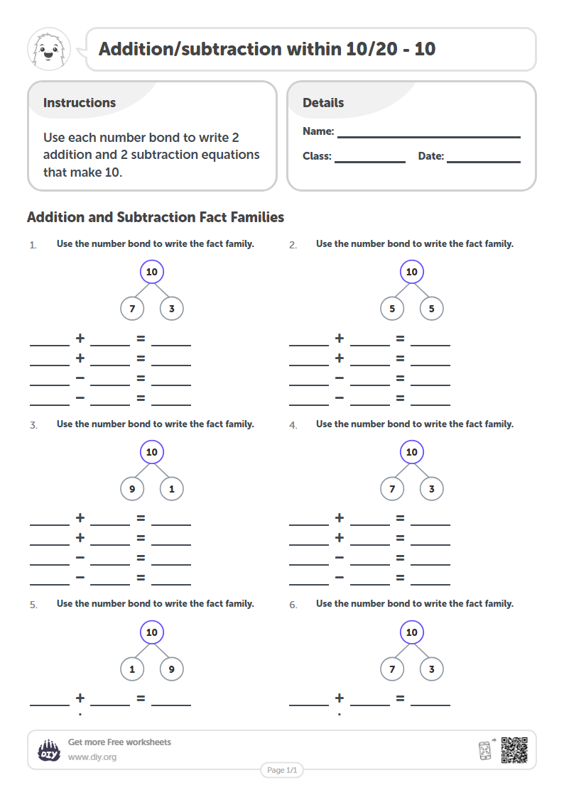 Free Addition/subtraction within 10/20 - 10 Worksheets