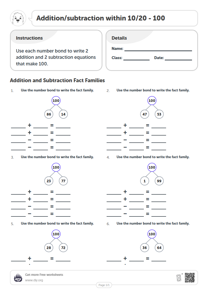 Free Addition/subtraction within 10/20 - 100 Worksheets