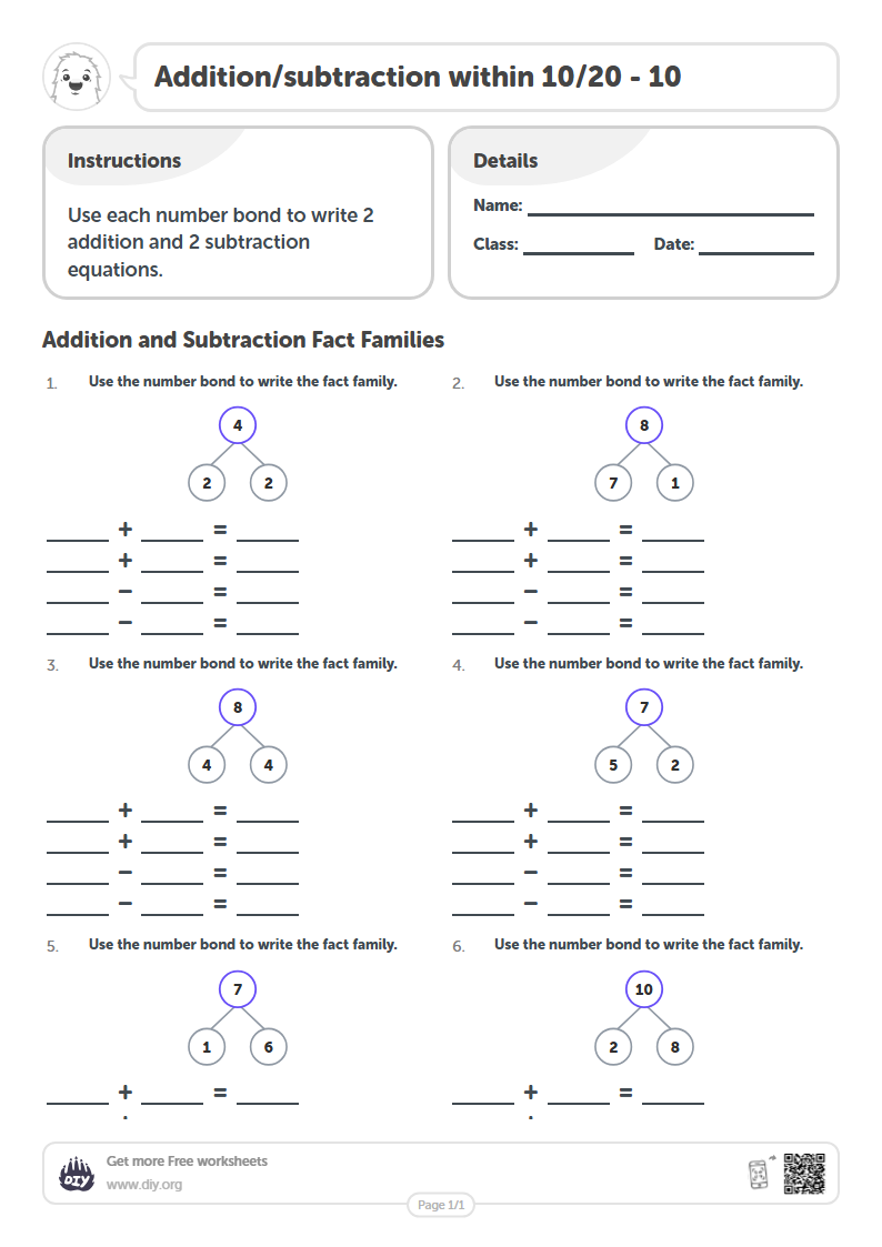 Free Addition/subtraction within 10/20 - 10 Worksheets