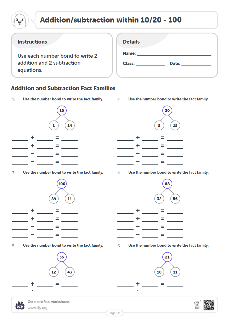 Free Addition/subtraction within 10/20 - 100 Worksheets