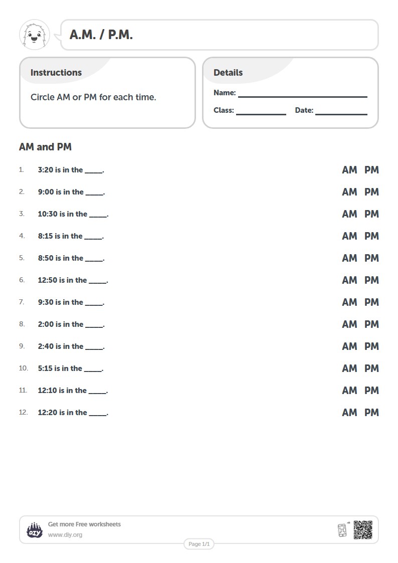 Free A.M. / P.M. Worksheets