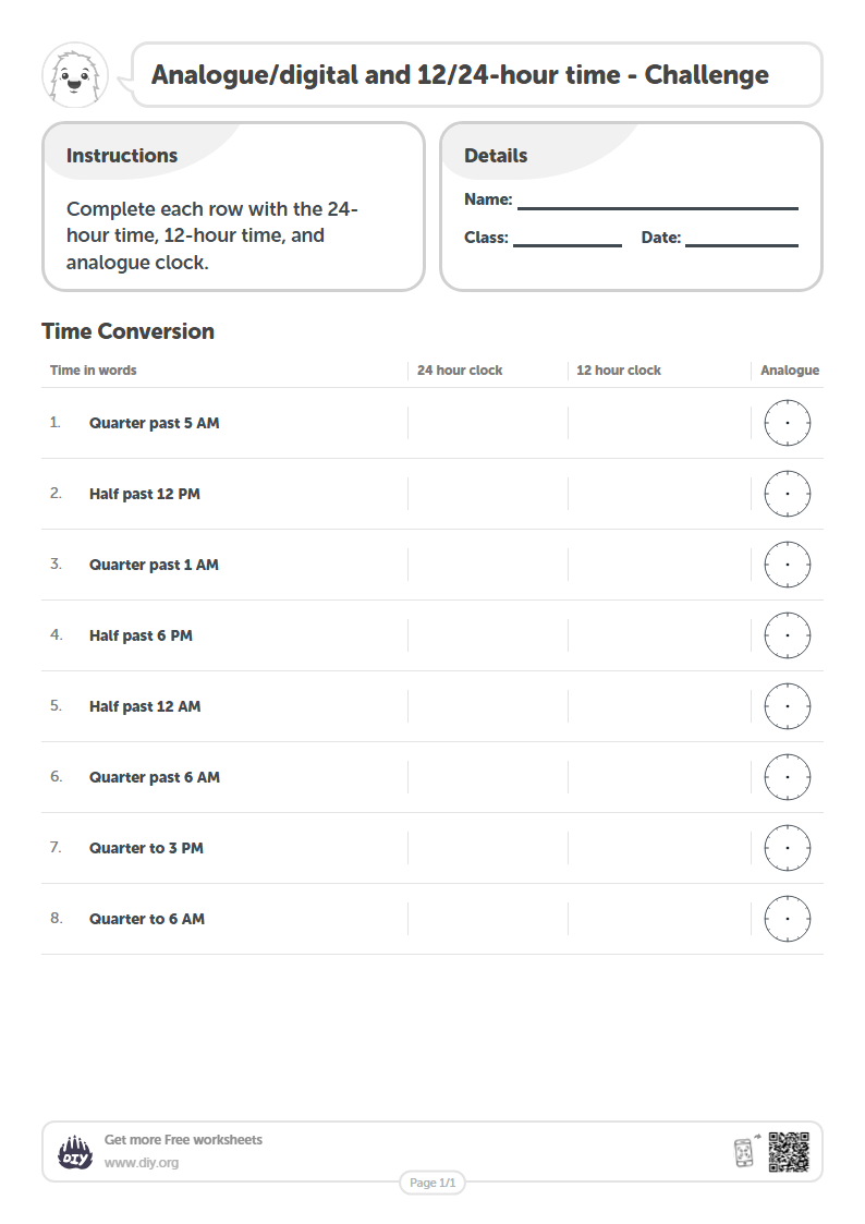 Free Analogue/digital and 12/24-hour time Worksheets