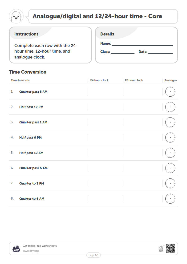 Free Analogue/digital and 12/24-hour time Worksheets