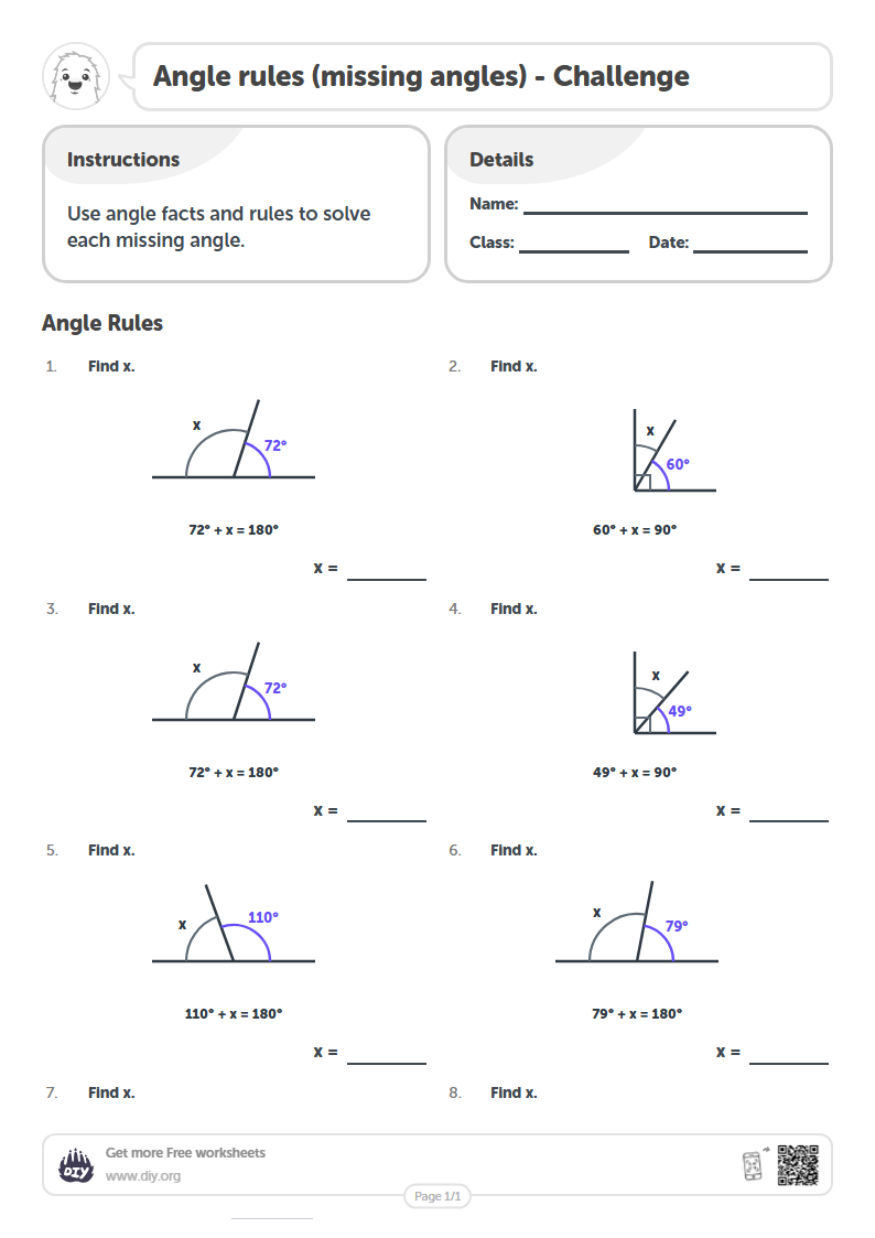 Free Angle rules (missing angles) Worksheets