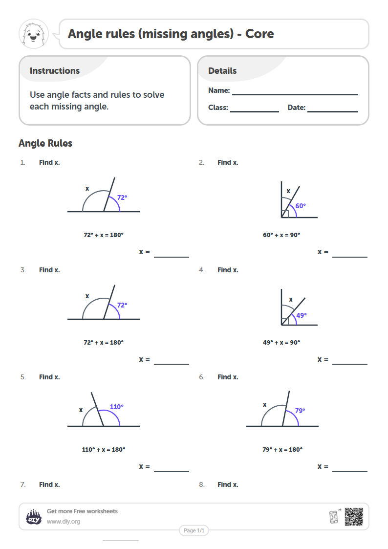 Free Angle rules (missing angles) Worksheets