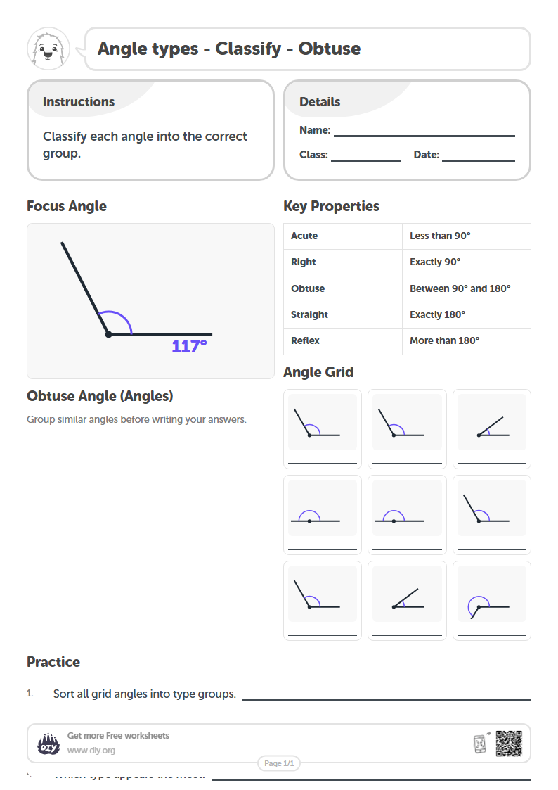 Free Angle types - Classify - Obtuse Worksheets