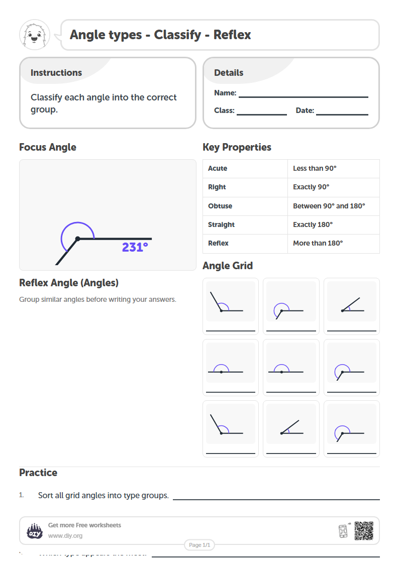 Free Angle types - Classify - Reflex Worksheets