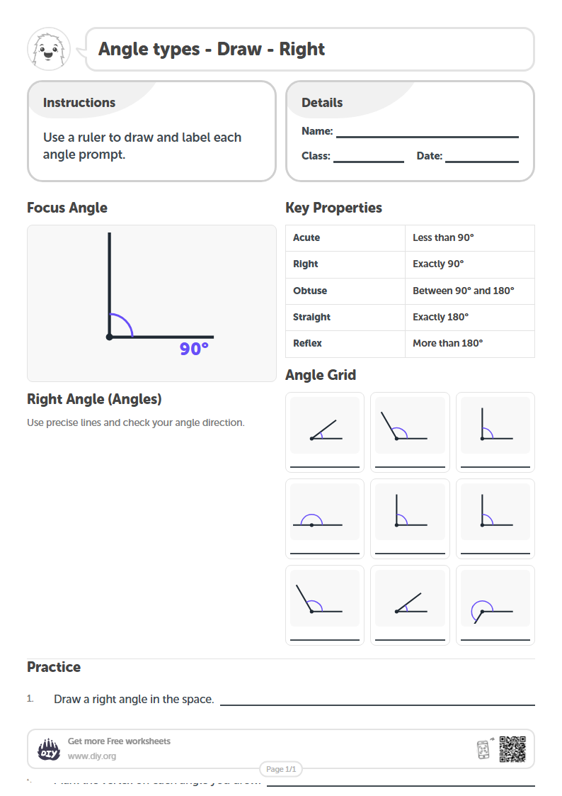 Free Angle types - Draw - Right Worksheets