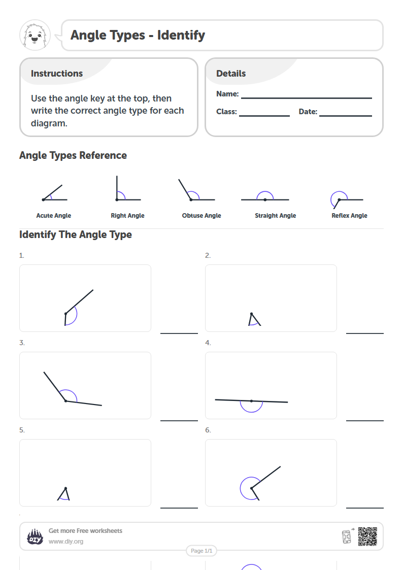 Free Angle types - Identify - Right Worksheets