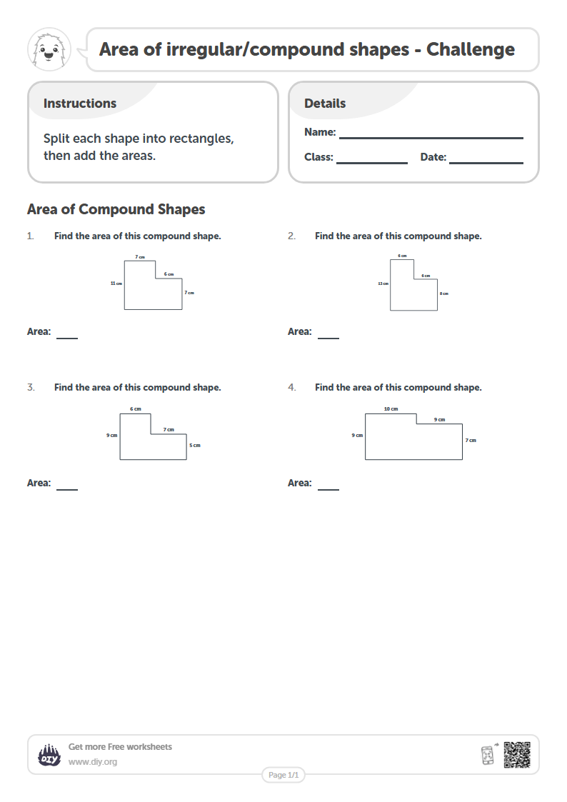 Free Area of irregular/compound shapes Worksheets
