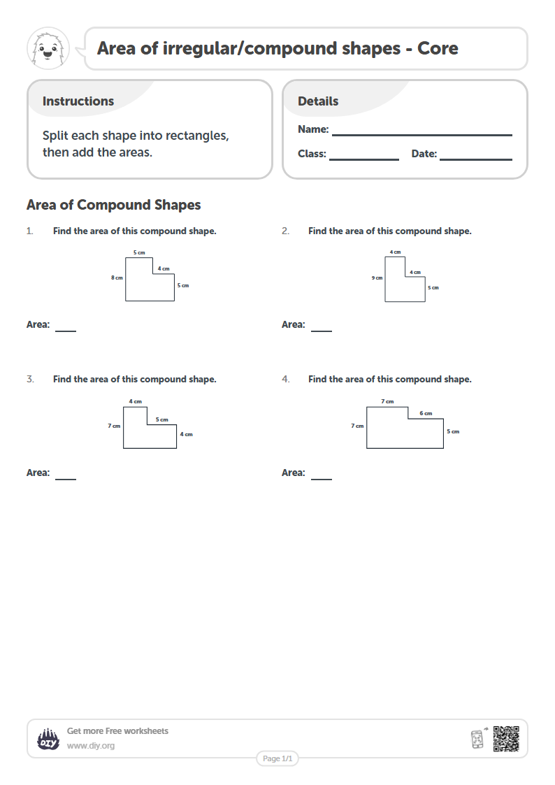 Free Area of irregular/compound shapes Worksheets